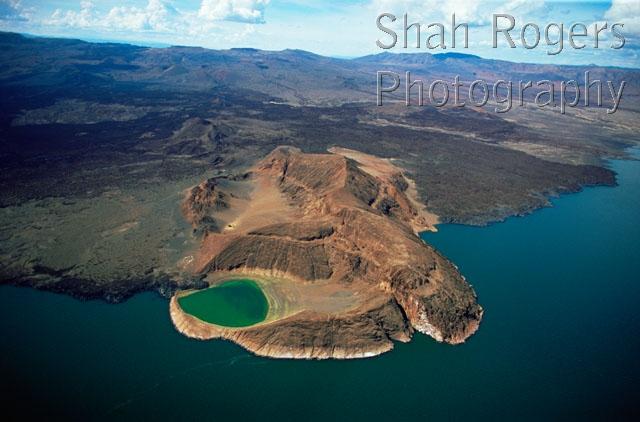 Aerial view of volcano on the shores of Lake Turkana, Great Rift Valley ...